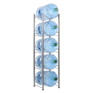 heomu 5 gallon water jug rack, 5-tier water bottle holder storage rack, water jug organizer for kitchen, office, garage, silver