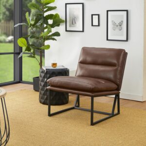 glitzhome Mid Century Modern Accent Chair, Coffee Thick Leatherette Chair with Metal Frame, Side Chair with Backrest, Upholstered Leisure Chair for Living Room, Bedroom, Office,1PC