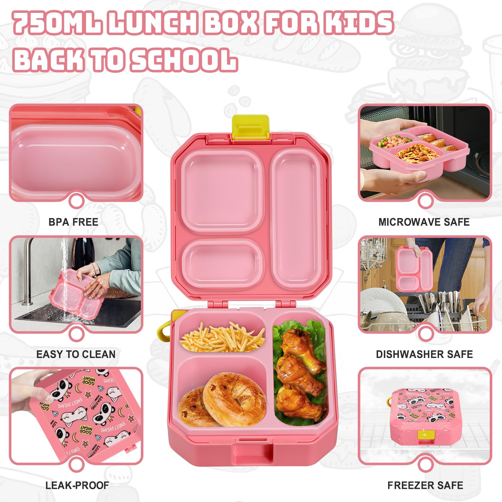 Itslife Bento Lunch Box for Kids, 3-5 Compartment with Leak Proof, 35oz Lunch Containers for Toddler, Dishwasher Safe, BPA Free, Ideal Portion 10 Designs for Kids School Gift(Pink Panda)