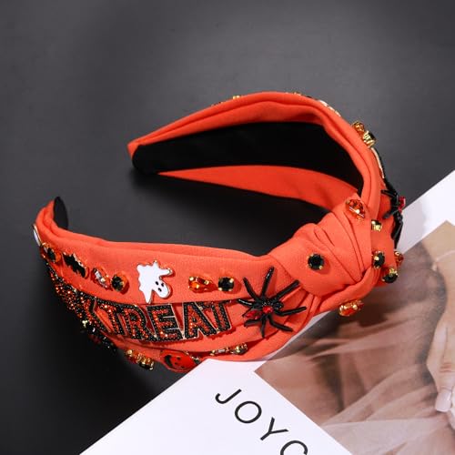 Halloween Headband Accessories for Women Crystal Pearl Knotted Headband Embellished Beaded Pumpkin Candy Corn Boo Headbands Rhinestone Jeweled Top Knot Headband Costume Party Favors (TRICK TREAT 2)