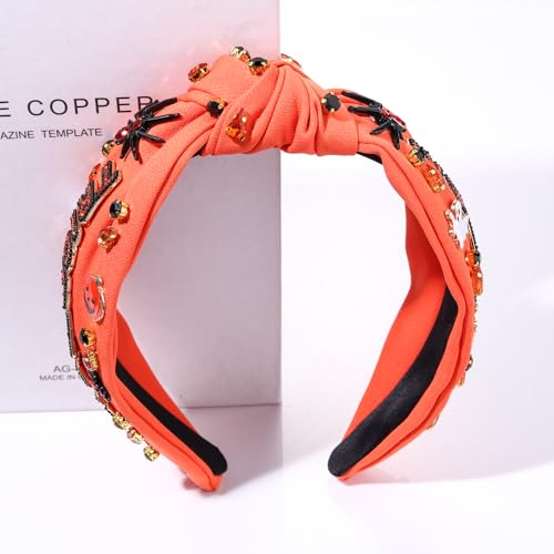 Halloween Headband Accessories for Women Crystal Pearl Knotted Headband Embellished Beaded Pumpkin Candy Corn Boo Headbands Rhinestone Jeweled Top Knot Headband Costume Party Favors (TRICK TREAT 2)