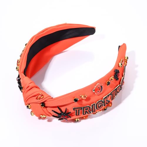 Halloween Headband Accessories for Women Crystal Pearl Knotted Headband Embellished Beaded Pumpkin Candy Corn Boo Headbands Rhinestone Jeweled Top Knot Headband Costume Party Favors (TRICK TREAT 2)