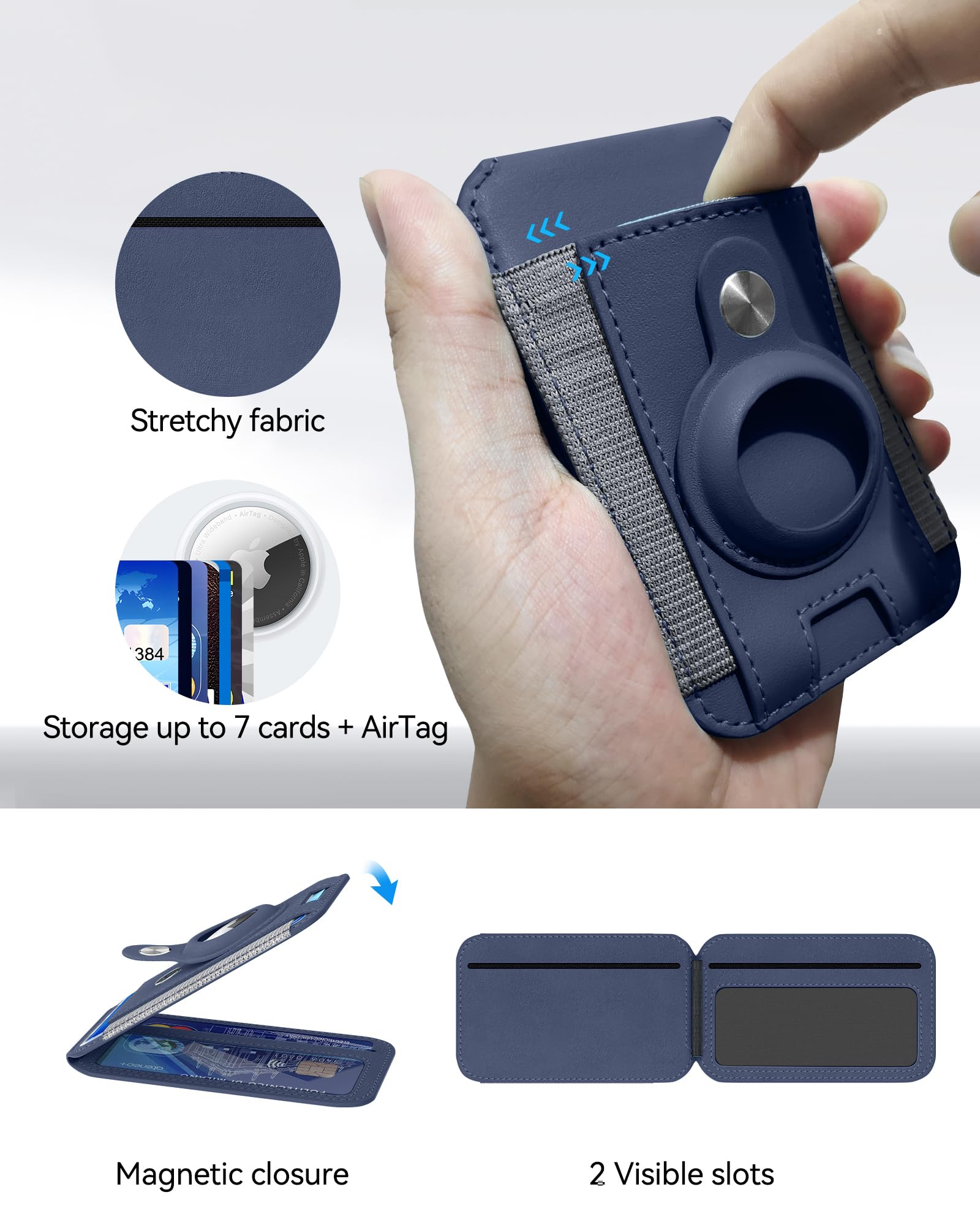 Amzone Mag-Safe with AirTag Holder,Magnetic with Adjustable Stand, Mag-Safe Phone for iPhone 15/14/13/12 Series,7 Card Slots,Vegan Leather (Indigo Blue)