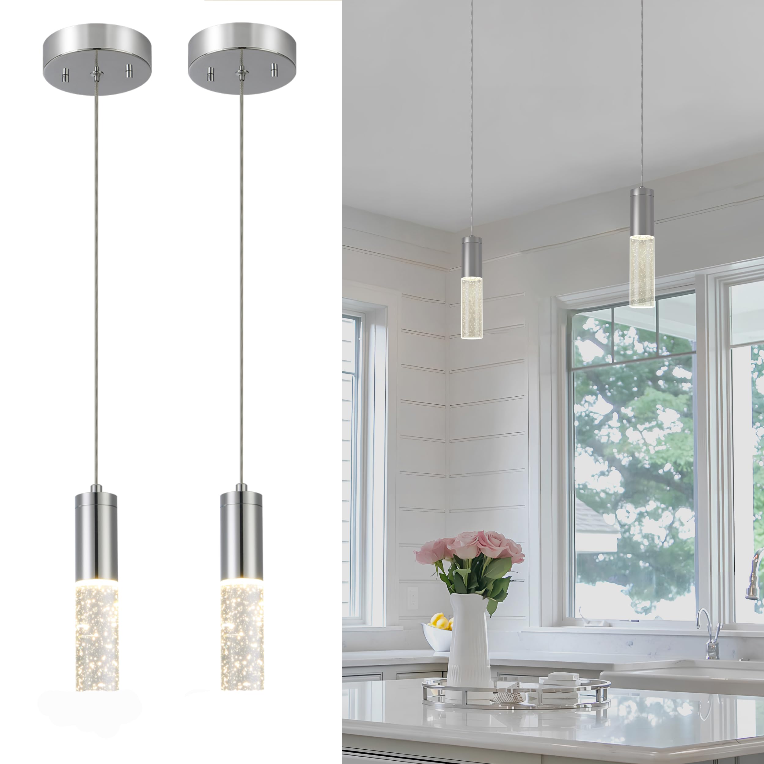 Pendant Kitchen Island Lighting, 2-Pack Brushed Nickel light fixture, kitchen pendant light set for Bar,Dining Room, Bedroom, Foyer 9W led (Chrome)