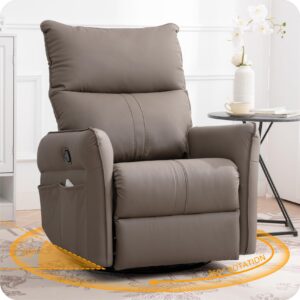 qkff swivel rocker recliner chair, upholstered 360° pvc leather glider rocker chair for nursery, manual small recliners for small spaces living room (brown)