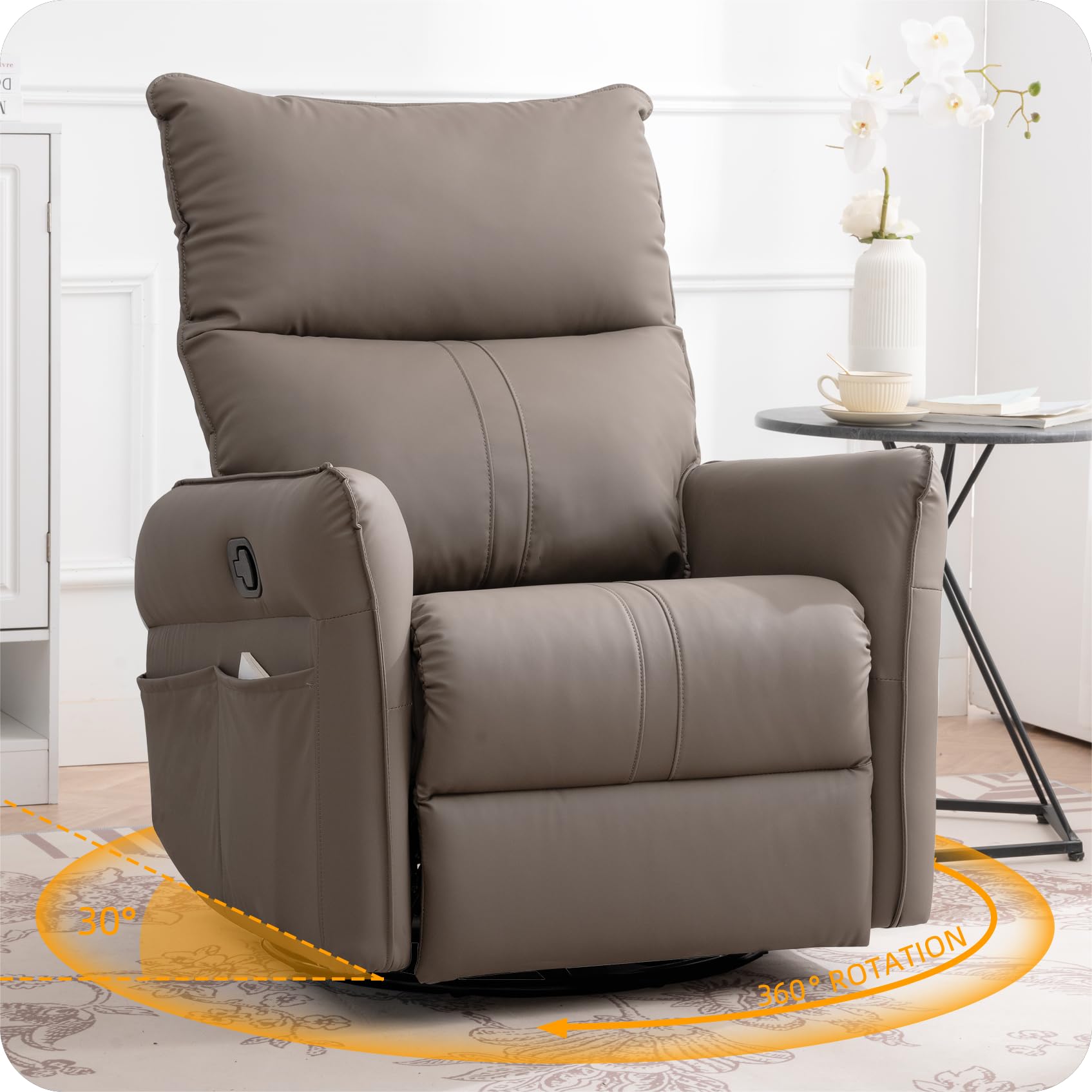 QKFF Swivel Rocker Recliner Chair, Upholstered 360° PVC Leather Glider Rocker Chair for Nursery, Manual Small Recliners for Small Spaces Living Room (Brown)