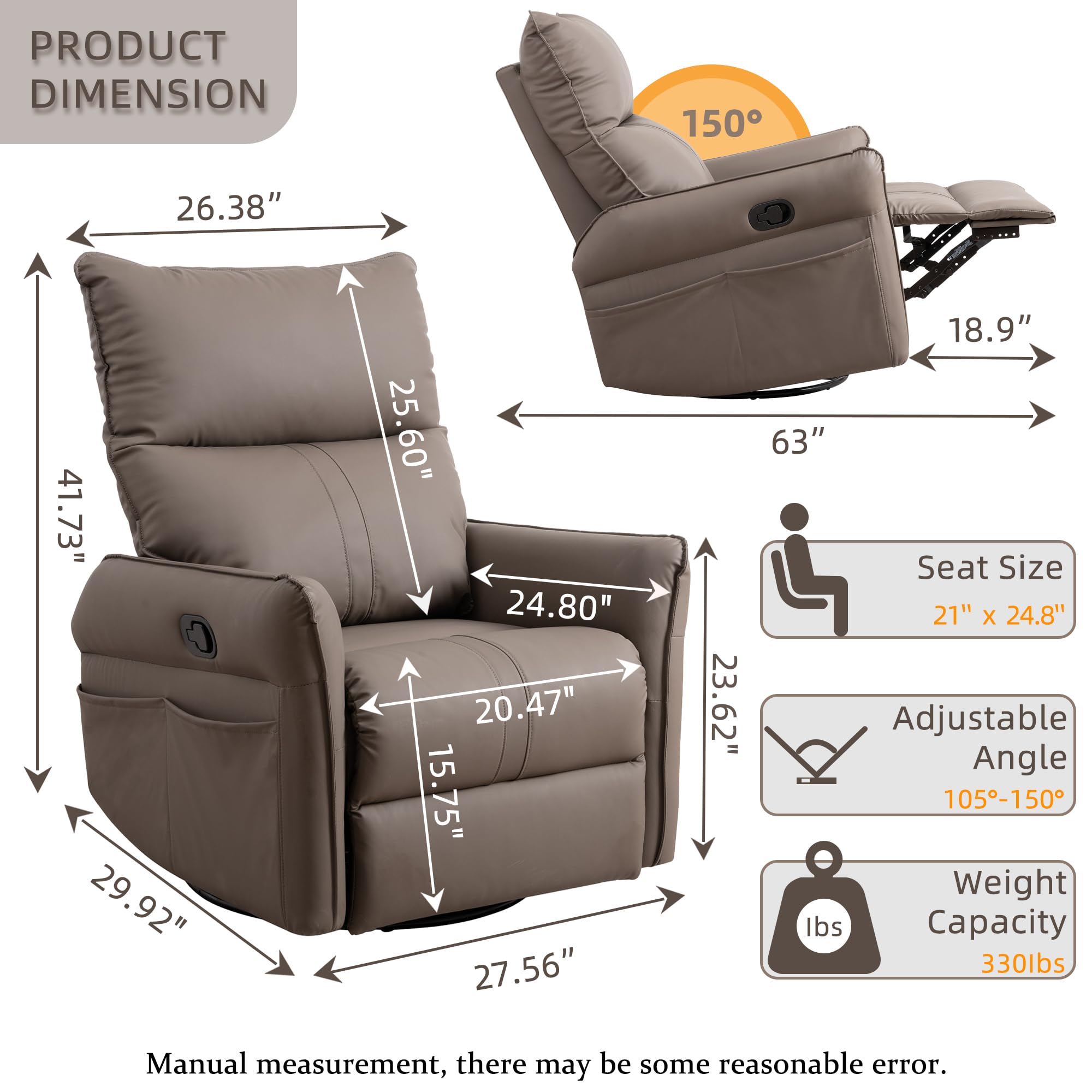 QKFF Swivel Rocker Recliner Chair, Upholstered 360° PVC Leather Glider Rocker Chair for Nursery, Manual Small Recliners for Small Spaces Living Room (Brown)