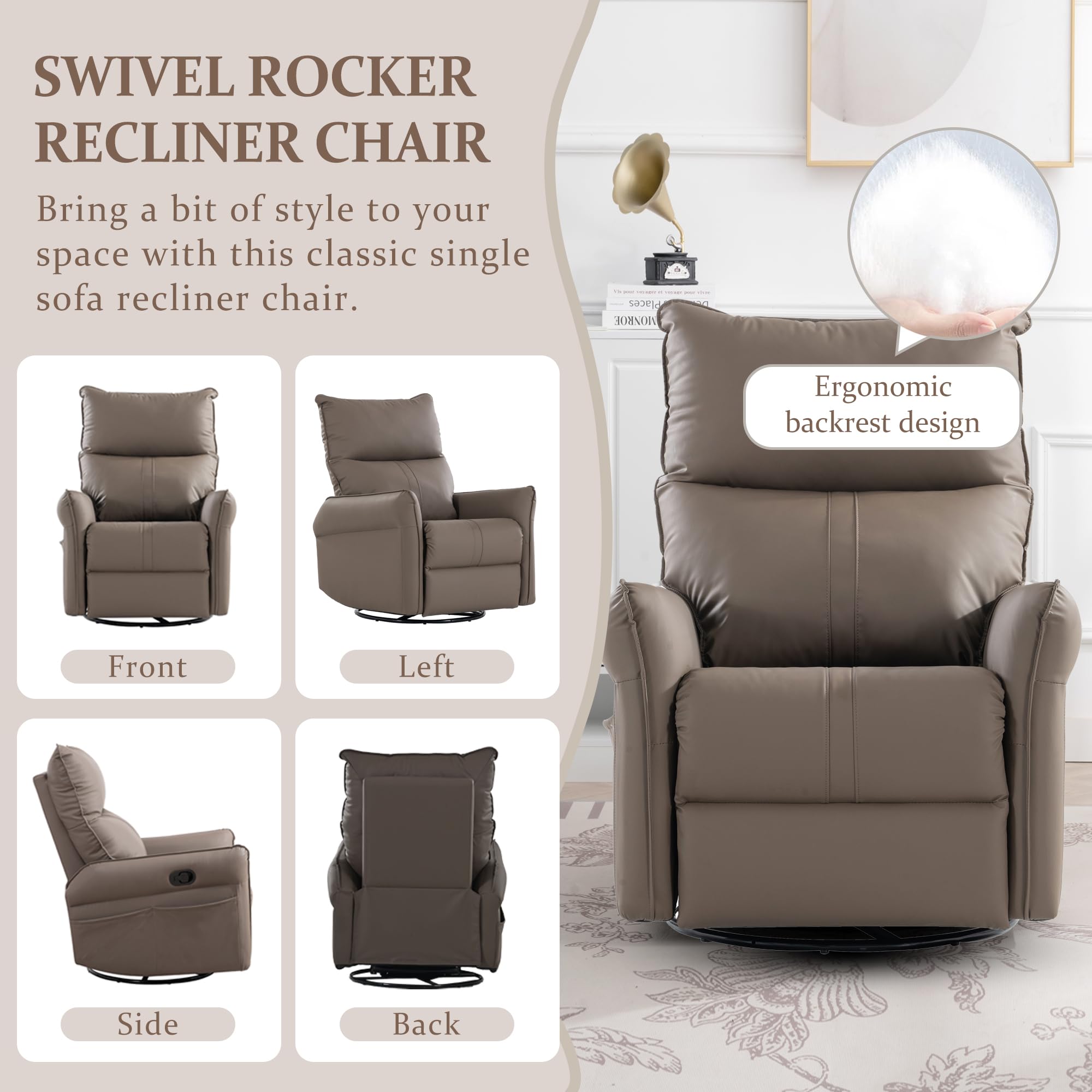 QKFF Swivel Rocker Recliner Chair, Upholstered 360° PVC Leather Glider Rocker Chair for Nursery, Manual Small Recliners for Small Spaces Living Room (Brown)