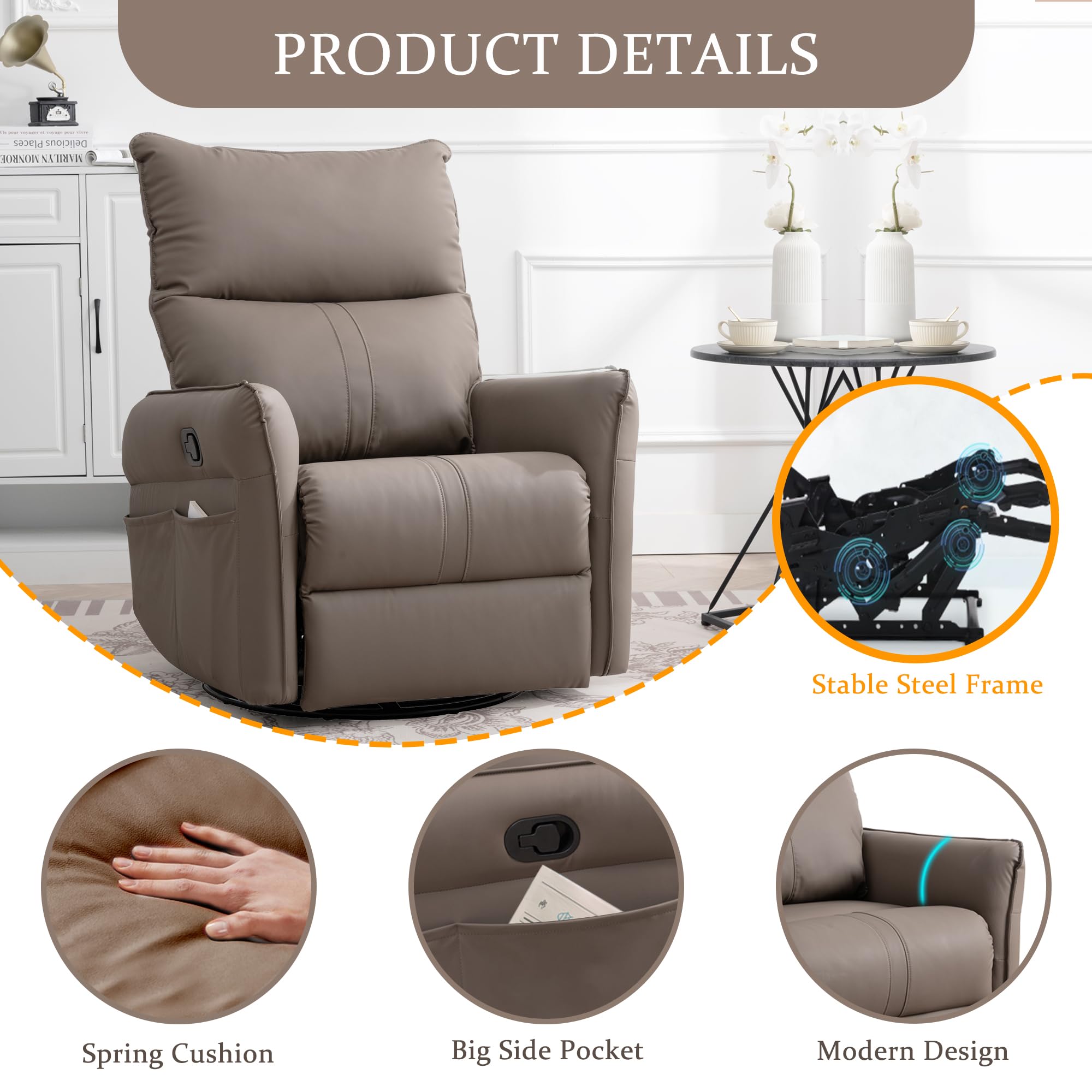 QKFF Swivel Rocker Recliner Chair, Upholstered 360° PVC Leather Glider Rocker Chair for Nursery, Manual Small Recliners for Small Spaces Living Room (Brown)