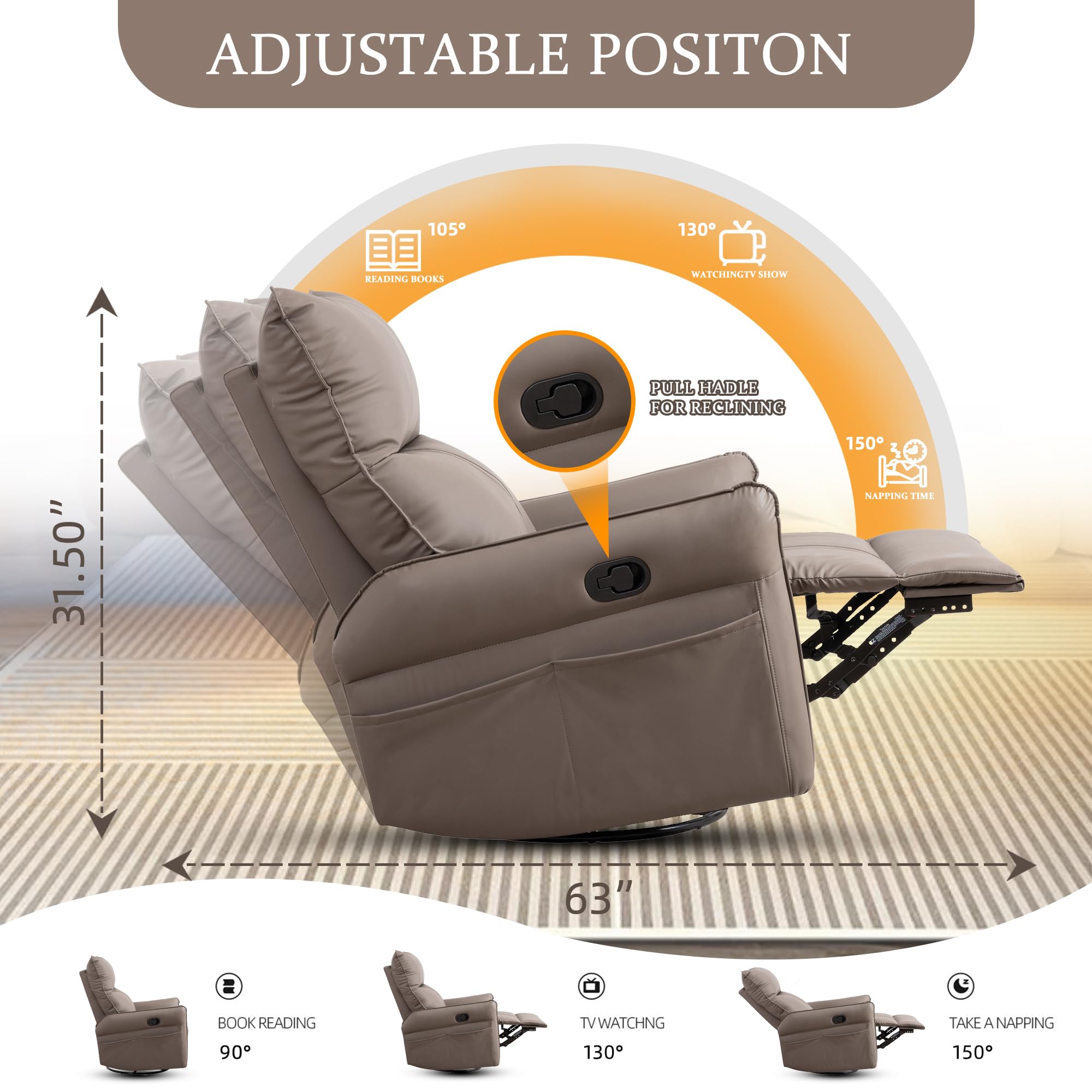 QKFF Swivel Rocker Recliner Chair, Upholstered 360° PVC Leather Glider Rocker Chair for Nursery, Manual Small Recliners for Small Spaces Living Room (Brown)