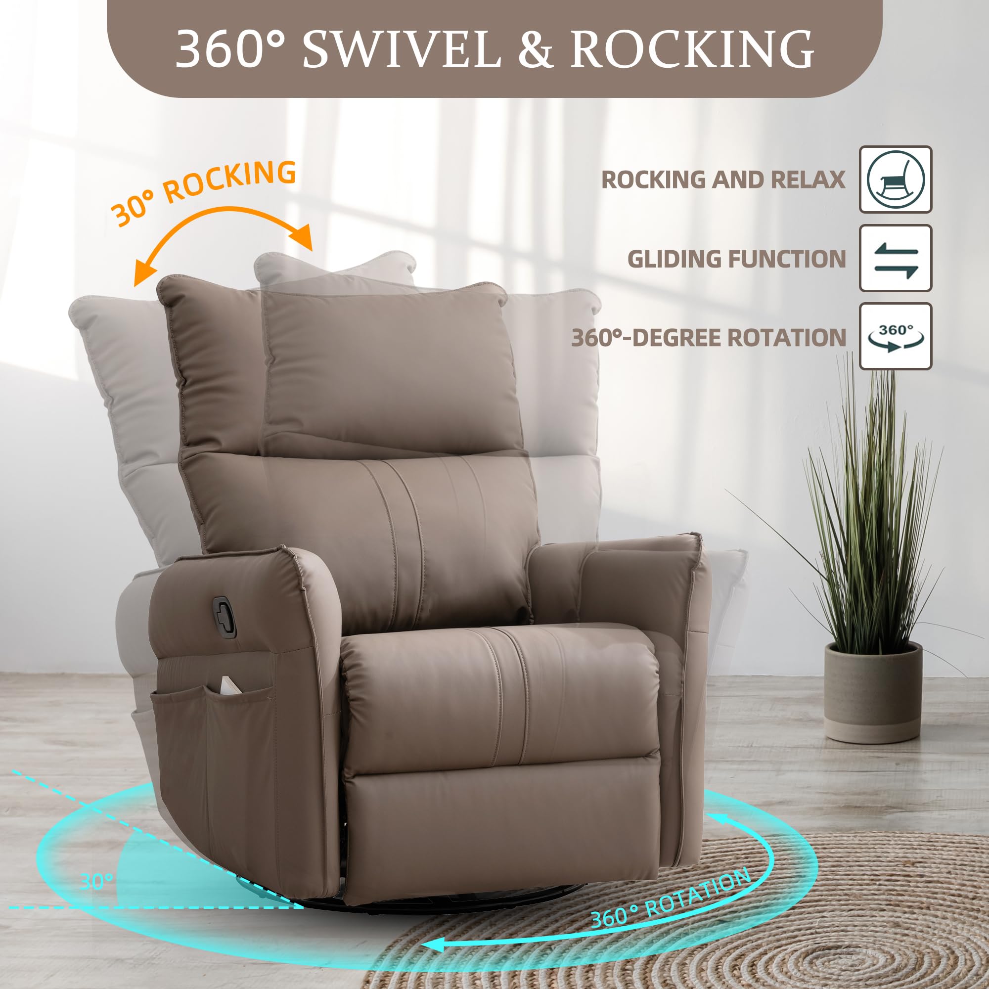 QKFF Swivel Rocker Recliner Chair, Upholstered 360° PVC Leather Glider Rocker Chair for Nursery, Manual Small Recliners for Small Spaces Living Room (Brown)