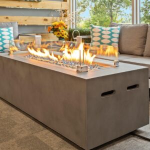 60" Rectangular Modern Concrete Fire Pit Table w/Glass Guard and Crystals (Gray)