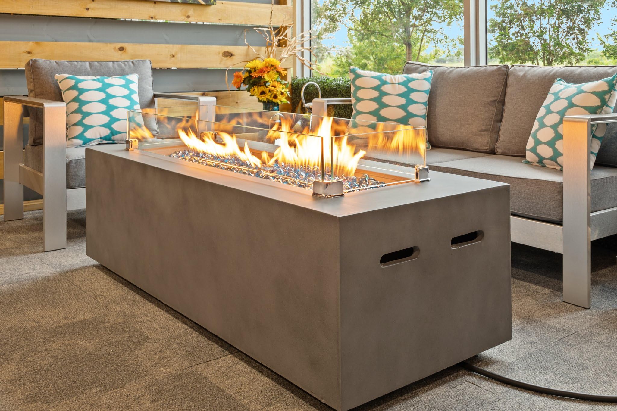 60" Rectangular Modern Concrete Fire Pit Table w/Glass Guard and Crystals (Gray)