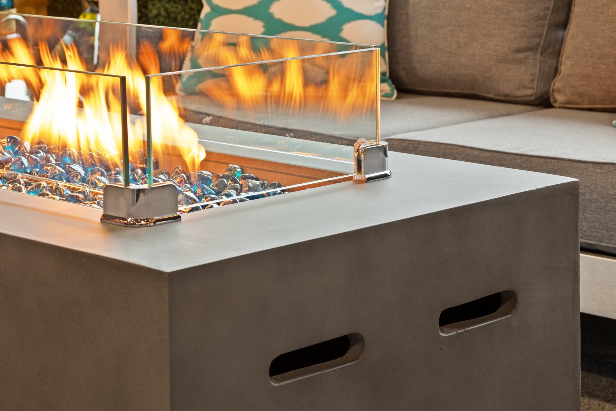 60" Rectangular Modern Concrete Fire Pit Table w/Glass Guard and Crystals (Gray)