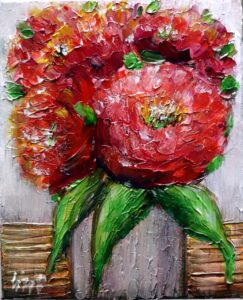 fall flowers bouquet in a rustic vase, red textured flower green leaves, original oil painting