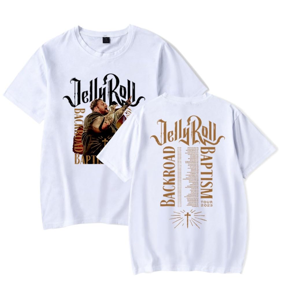 ZJHXQEVC Jelly Roll Shirt Backroad Baptism Photo T-Shirt Women Men Fashion Casual Short Sleeve Streetwear (Large,White)