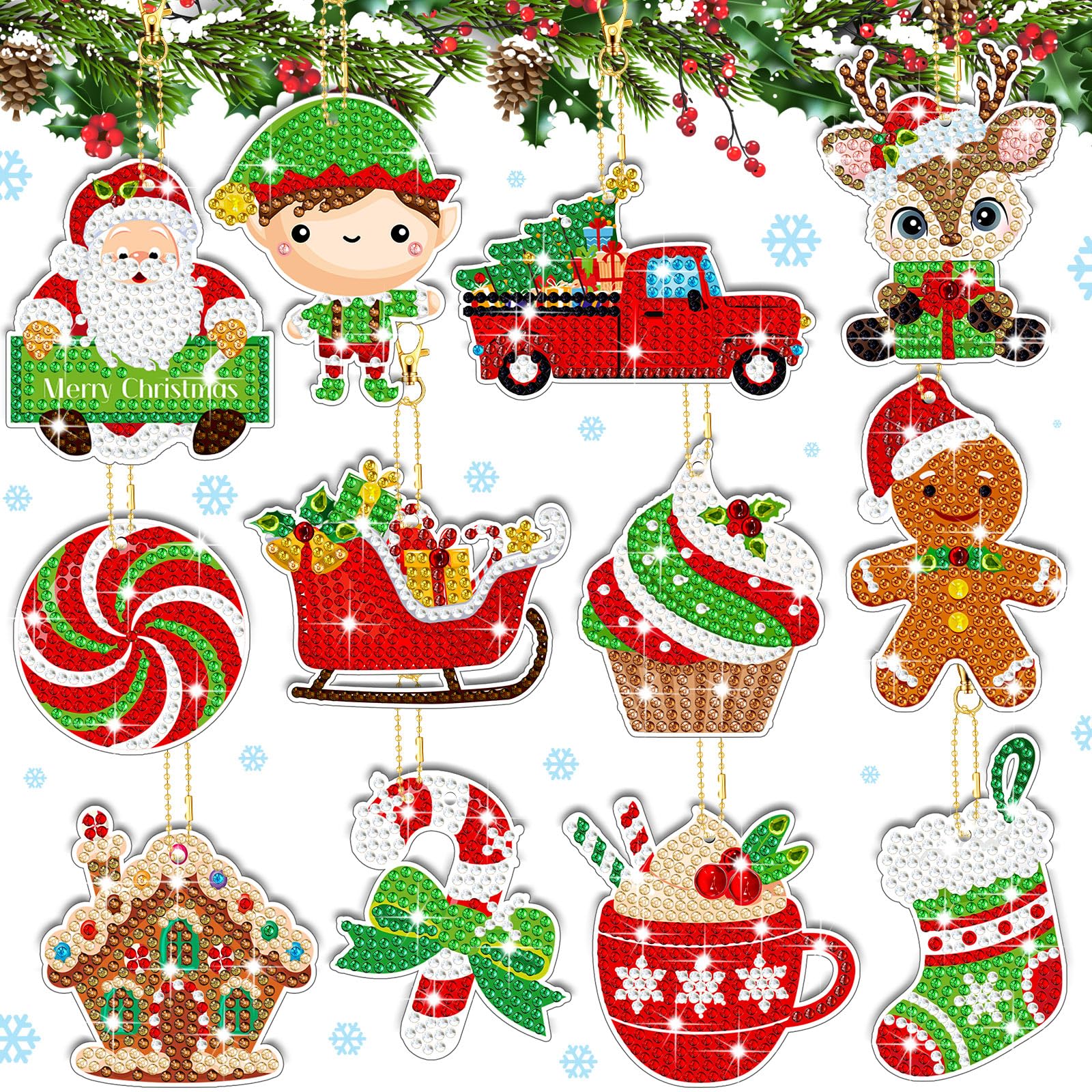 12 Pieces Christmas Diamond Painting Keychain 5D DIY Diamond Painting Kit Christmas Hanging Diamond Art Kits Diamond Art Christmas Ornaments for Kids Christmas Crafts Family Decor