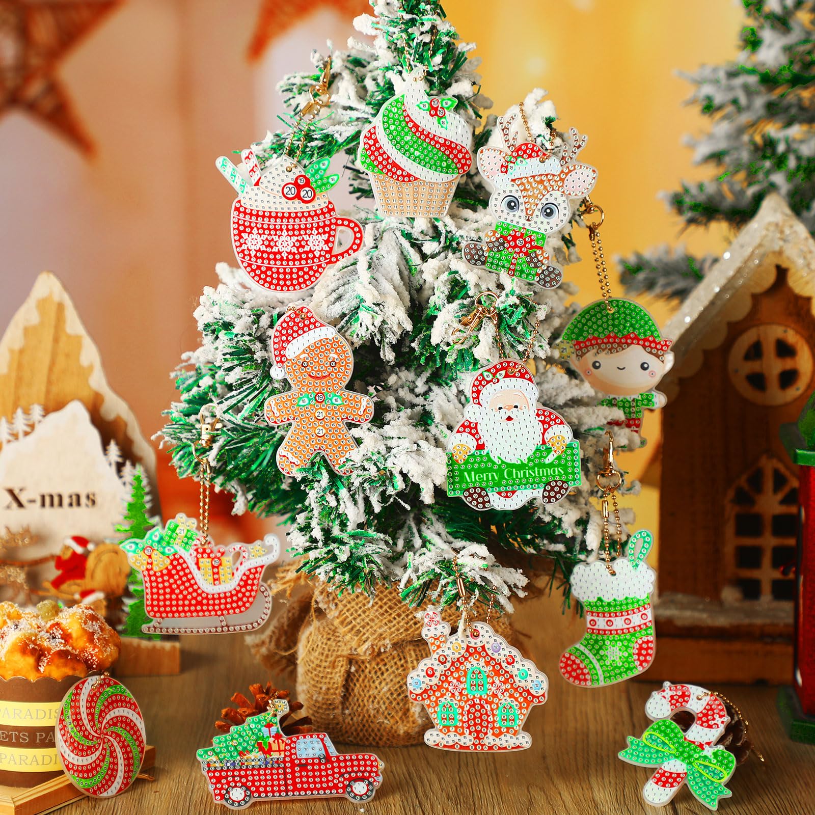 12 Pieces Christmas Diamond Painting Keychain 5D DIY Diamond Painting Kit Christmas Hanging Diamond Art Kits Diamond Art Christmas Ornaments for Kids Christmas Crafts Family Decor