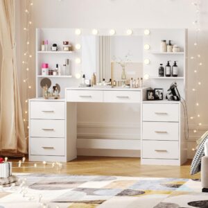 irontar makeup vanity table with mirror & lights, vanity desk with power strip, large drawer & six open storage dresser, 3 lighting modes adjustable brightness, dressing table, white wdt006w