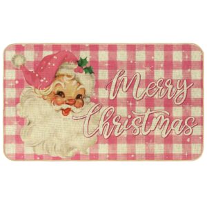 anydesign merry christmas outdoor doormat pink santa claus floor mat plaid non-slip decorative entrance door rugs for xmas home front door bathroom porch, 17 x 29 inch