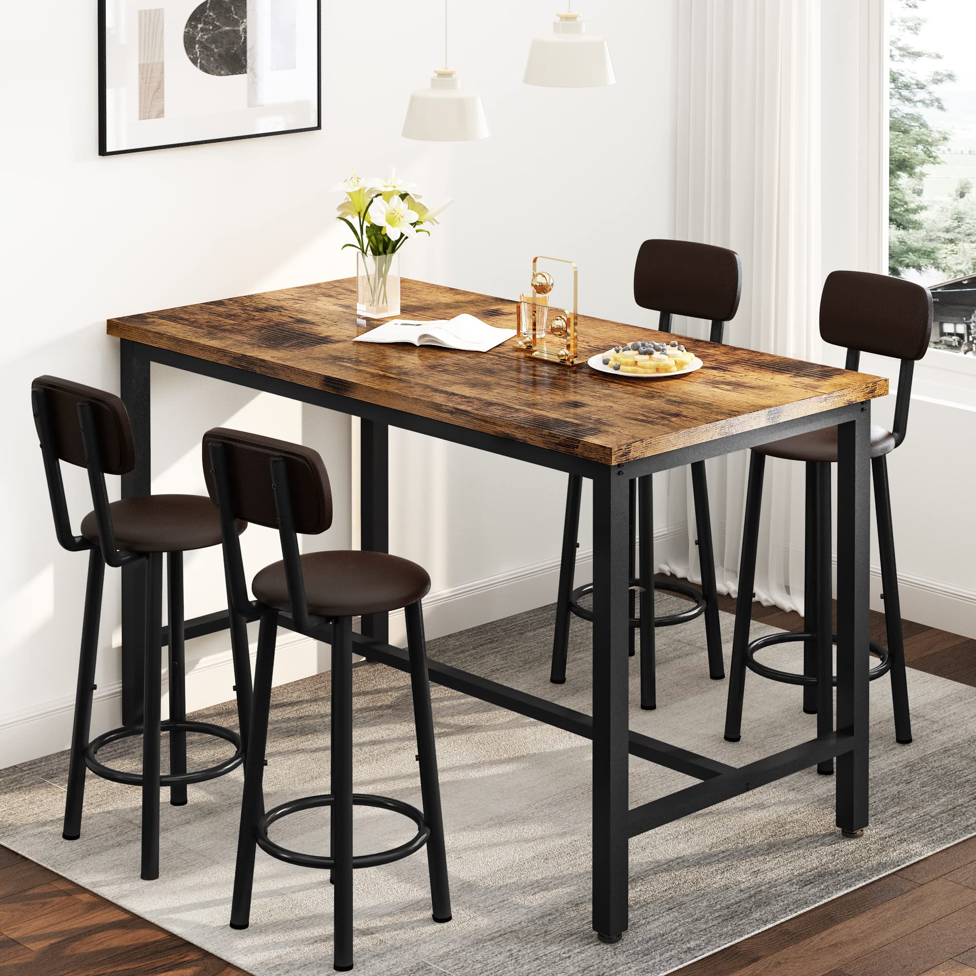 Lamerge Bar Table and Chairs Set Industrial Wood Kitchen Dining Table Space Saving Breakfast Bar Table Counter Height Pub Table with 4 PU Upholstered Chairs with Backrest 5 Pieces Home Kitchen Set