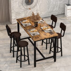 Lamerge Bar Table and Chairs Set Industrial Wood Kitchen Dining Table Space Saving Breakfast Bar Table Counter Height Pub Table with 4 PU Upholstered Chairs with Backrest 5 Pieces Home Kitchen Set