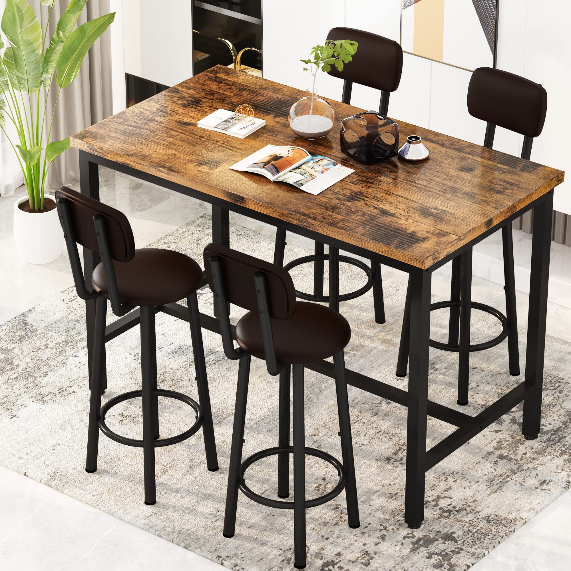 Lamerge Bar Table and Chairs Set Industrial Wood Kitchen Dining Table Space Saving Breakfast Bar Table Counter Height Pub Table with 4 PU Upholstered Chairs with Backrest 5 Pieces Home Kitchen Set