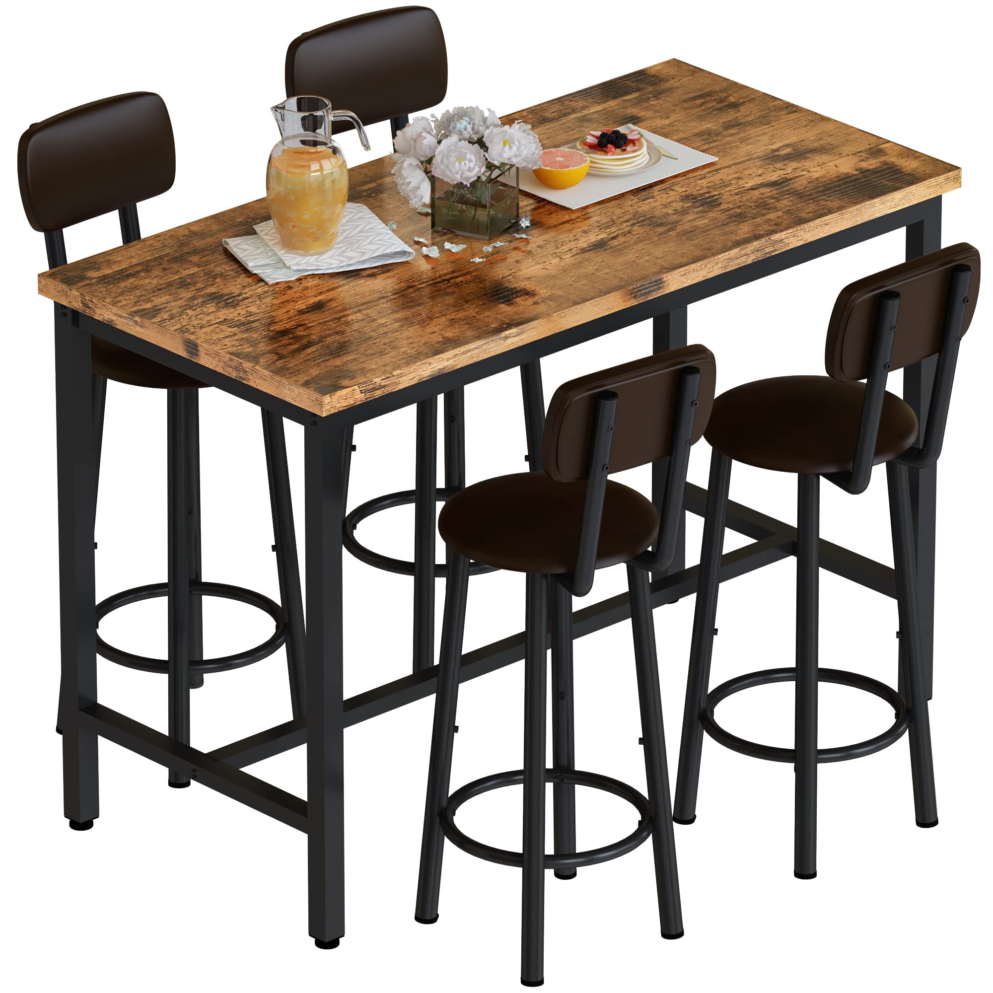 Lamerge Bar Table and Chairs Set Industrial Wood Kitchen Dining Table Space Saving Breakfast Bar Table Counter Height Pub Table with 4 PU Upholstered Chairs with Backrest 5 Pieces Home Kitchen Set