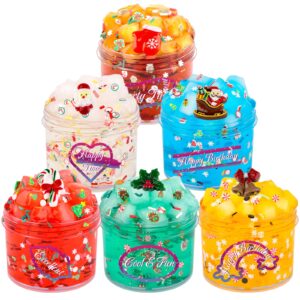 6 pack crunchy clear slime kit christmas crystal jelly cube slime with xmas decors charms, premade holiday bubble glossy slime for girl boy 10-12, super soft stretchy sludge, kid party favors