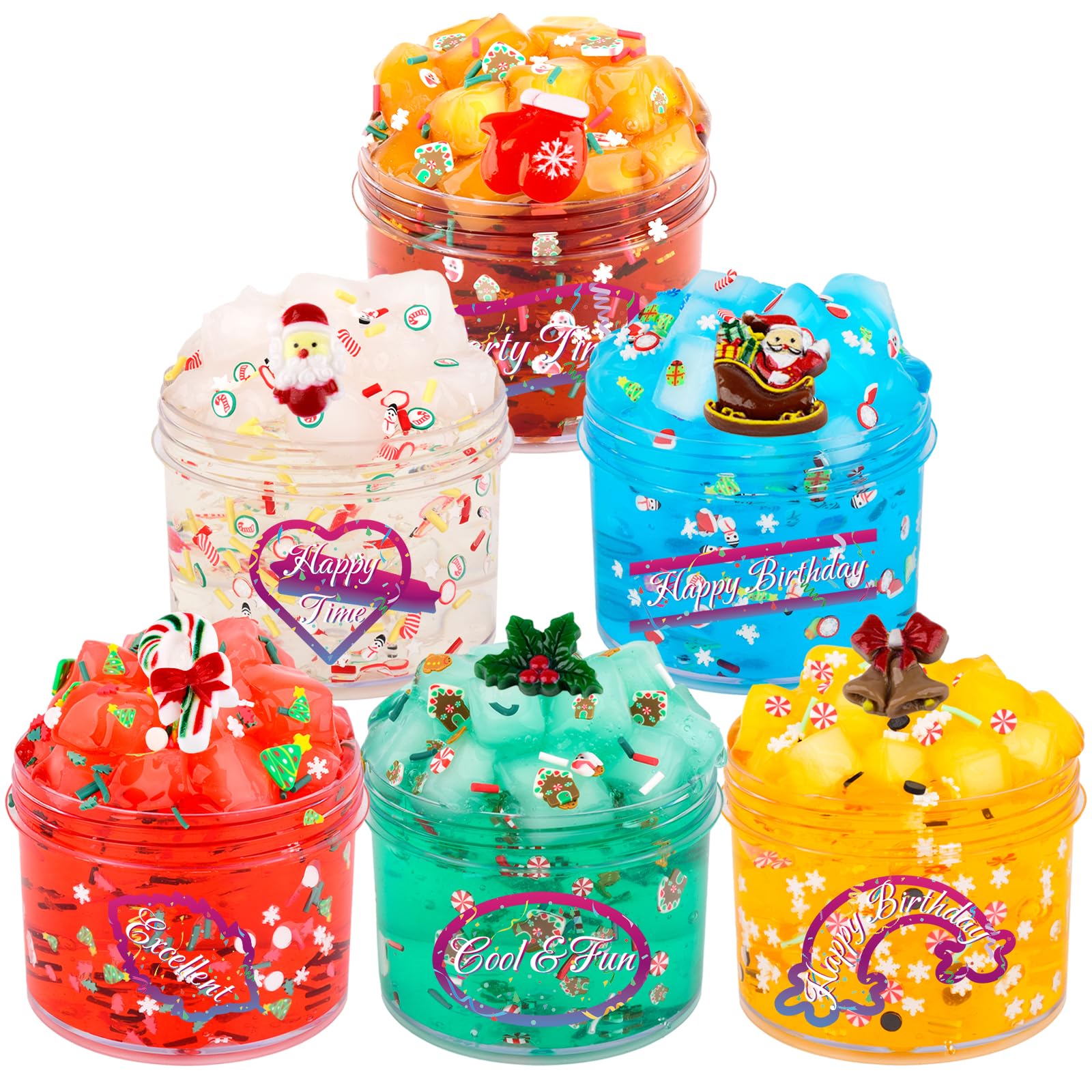 6 Pack Crunchy Clear Slime Kit Christmas Crystal Jelly Cube Slime with Xmas Decors Charms, Premade Holiday Bubble Glossy Slime for Girl Boy 10-12, Super Soft Stretchy Sludge, Kid Party Favors