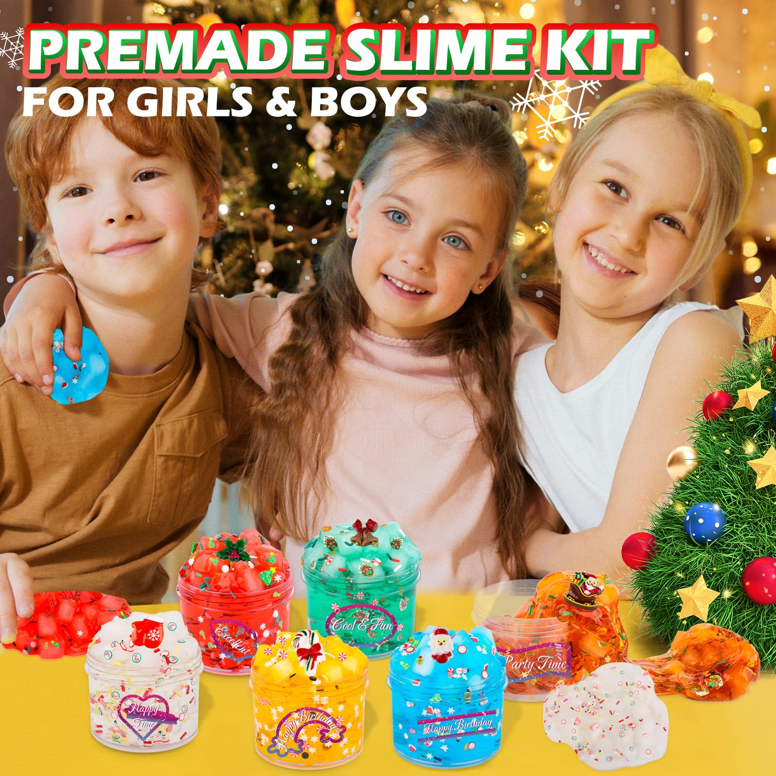 6 Pack Crunchy Clear Slime Kit Christmas Crystal Jelly Cube Slime with Xmas Decors Charms, Premade Holiday Bubble Glossy Slime for Girl Boy 10-12, Super Soft Stretchy Sludge, Kid Party Favors