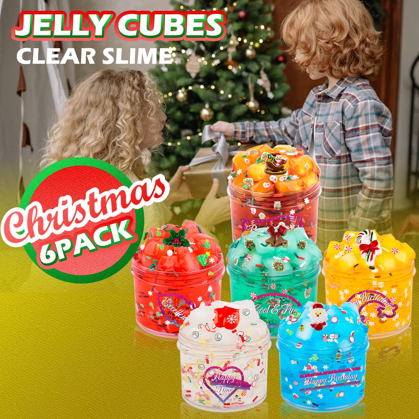 6 Pack Crunchy Clear Slime Kit Christmas Crystal Jelly Cube Slime with Xmas Decors Charms, Premade Holiday Bubble Glossy Slime for Girl Boy 10-12, Super Soft Stretchy Sludge, Kid Party Favors