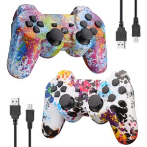 ps-3 controller, 2 pack wireless controller for ps3 for sony playstation-3, double shock, bluetooth connection, rechargeable, motion sensor, upgraded remote gamepads for ps3, 2 x usb charging cords