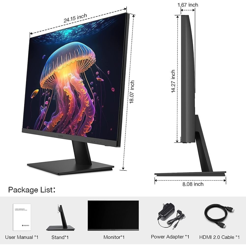 KOORUI 27 inch 4K UHD(3840x2160) IPS Ultra-Thin Computer Monitor 90% DCI-P3 HDR 10 Gaming Monitors HDMI 2.0 DisplayPort1.4 Audio 3 Years Warranty