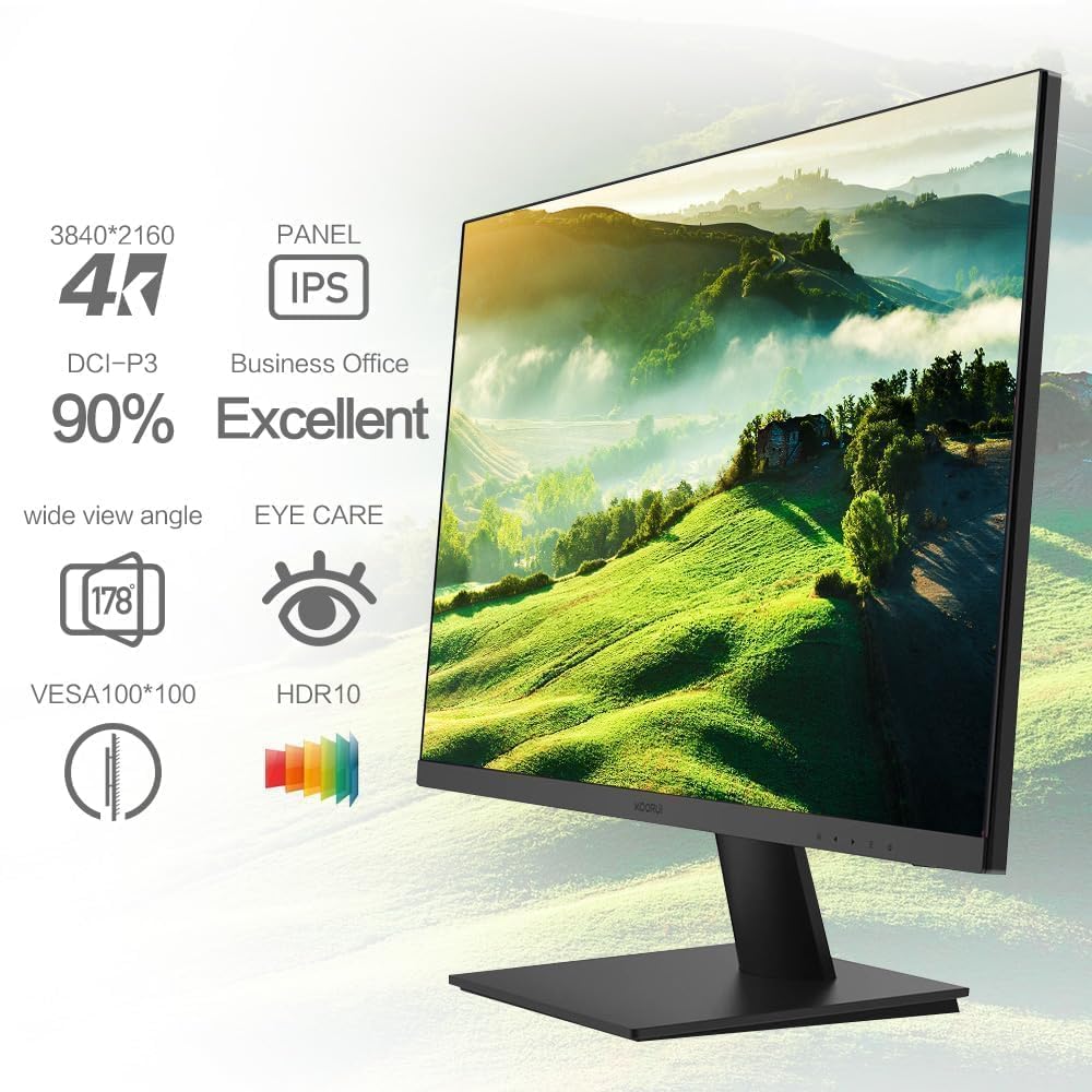 KOORUI 27 inch 4K UHD(3840x2160) IPS Ultra-Thin Computer Monitor 90% DCI-P3 HDR 10 Gaming Monitors HDMI 2.0 DisplayPort1.4 Audio 3 Years Warranty