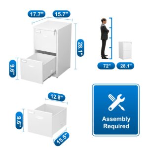 2 Drawer Filing Cabinet with Lock, Vertical White Metal File Cabinet for Home Office, Modern Locking Steel File Storage Cabinet Narrow Files Cabinets for Hanging A4/Legal/Letter Size-Assembly Required