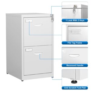 2 Drawer Filing Cabinet with Lock, Vertical White Metal File Cabinet for Home Office, Modern Locking Steel File Storage Cabinet Narrow Files Cabinets for Hanging A4/Legal/Letter Size-Assembly Required