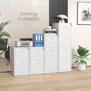 2 Drawer Filing Cabinet with Lock, Vertical White Metal File Cabinet for Home Office, Modern Locking Steel File Storage Cabinet Narrow Files Cabinets for Hanging A4/Legal/Letter Size-Assembly Required