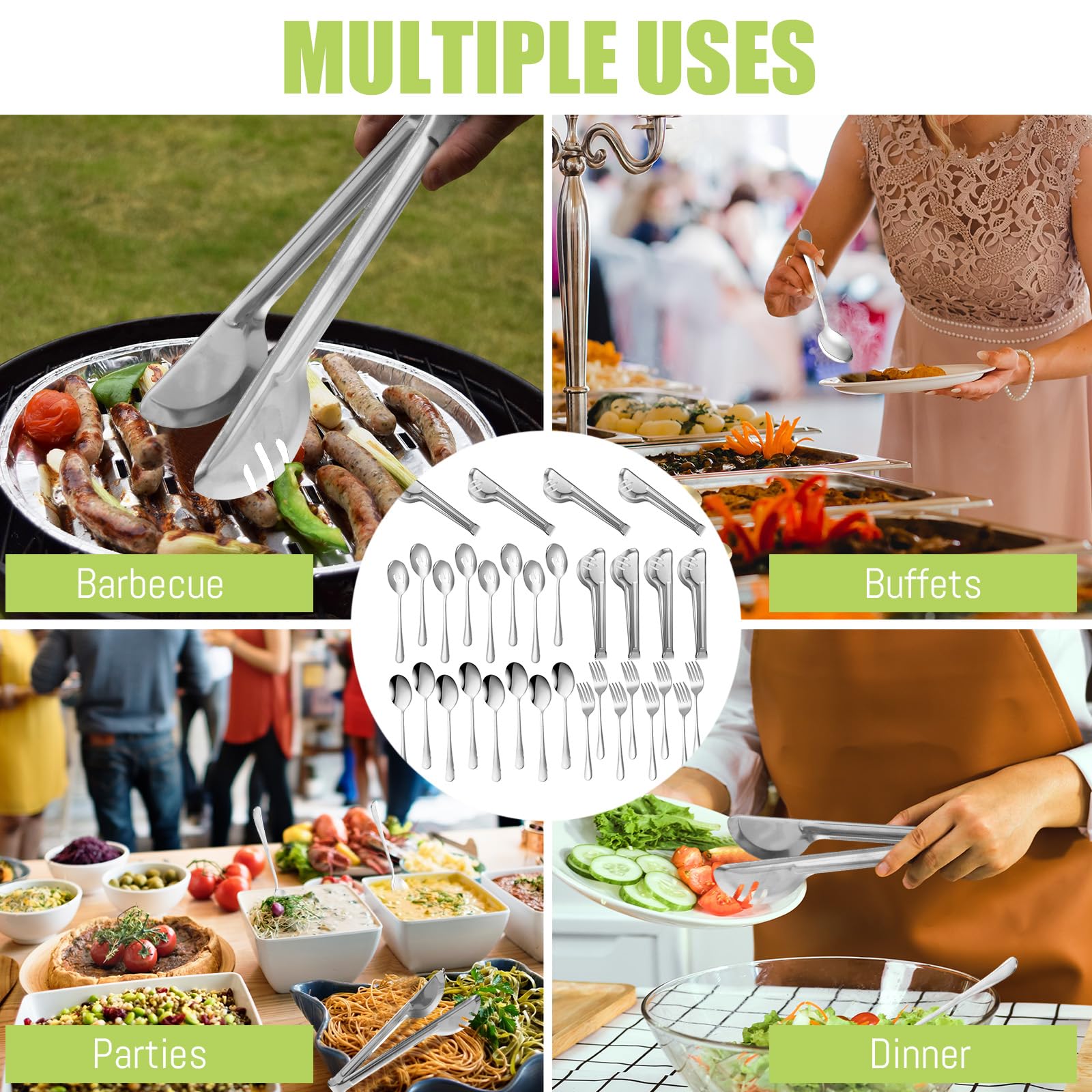 Sabary 32 Pcs Buffet Party Stainless Steel Serving Utensil Metal Buffet Serving Utensils Set with Serving Spoons, Slotted Spoon, Serving Fork, Serving Tong for Catering Party Banquet