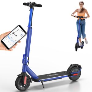 caroma electric scooter 350w motor, 20 miles range & 20 mph, 9" solid tires, double braking system, ambient light portable folding commute e scooter for adults with rear suspension & app control