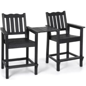 stoog all-weather balcony chairs set, tall adirondack chair set of 2 with 16" connecting tray, poly outdoor chairs for backyard, garden, deck and patio, black