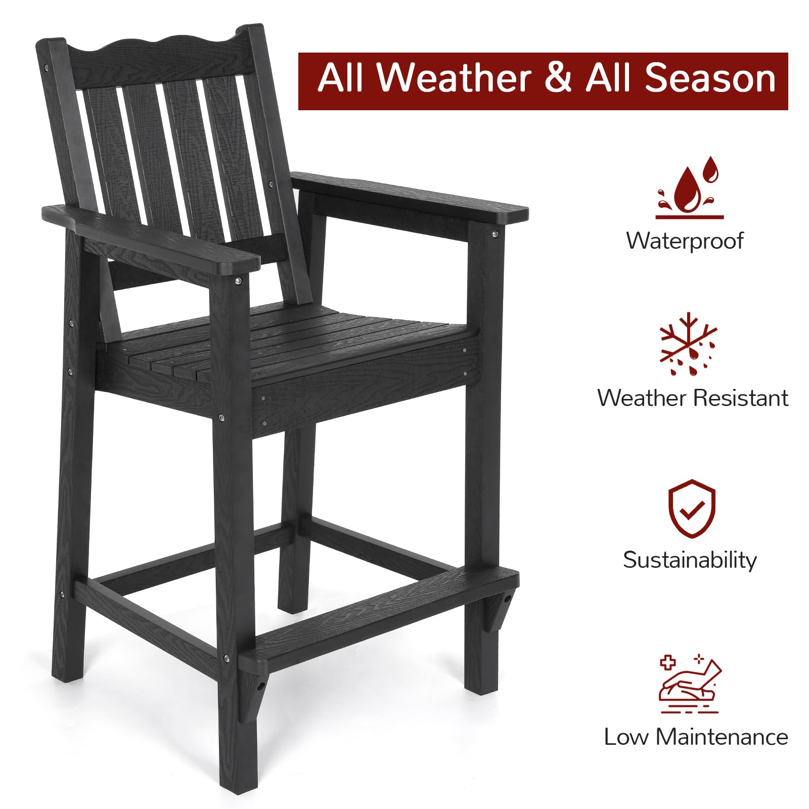 Stoog All-Weather Balcony Chairs Set, Tall Adirondack Chair Set of 2 with 16" Connecting Tray, Poly Outdoor Chairs for Backyard, Garden, Deck and Patio, Black