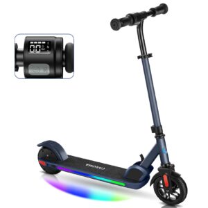 caroma electric scooter for kids ages 8-12, 150w foldable kids electric scooter, max 7 miles & 10 mph, led display, colorful lights, adjustable height, lightweight electric scooter for kids teens