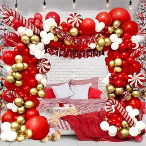 Merry Christmas Balloon Arch Garland Kit Red White Gold Balloons with Candy Cane Foil Balloons for Holiday Christmas Candy Themed Party Decorations