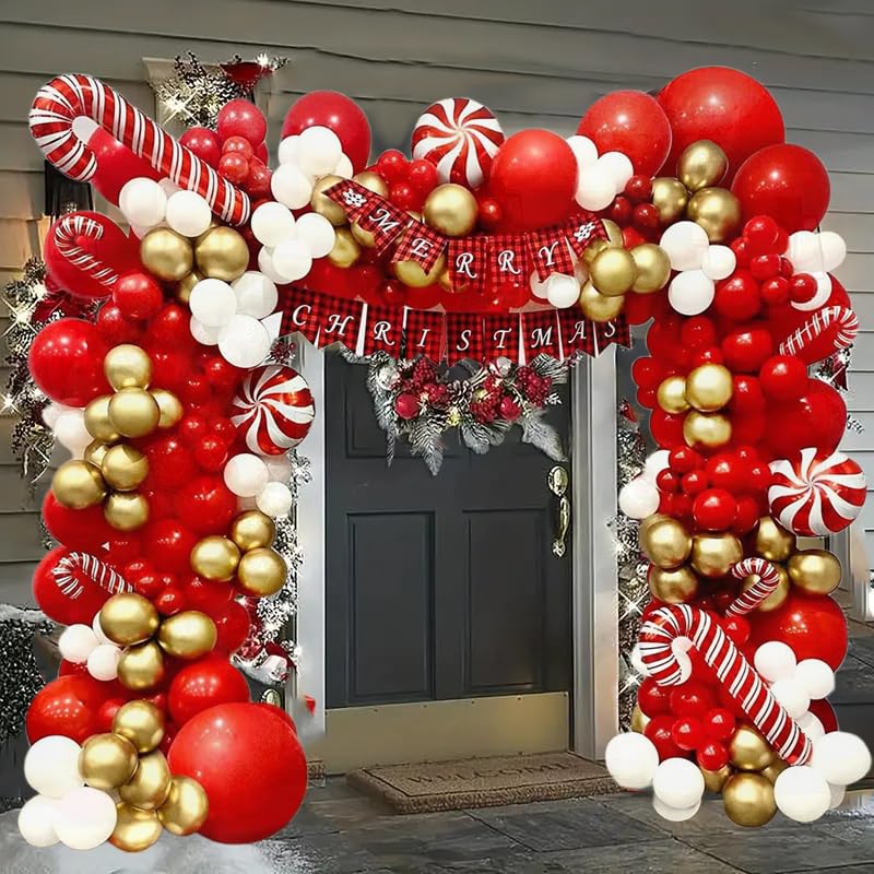 Merry Christmas Balloon Arch Garland Kit Red White Gold Balloons with Candy Cane Foil Balloons for Holiday Christmas Candy Themed Party Decorations