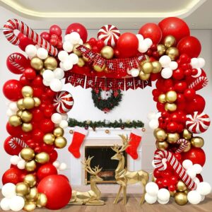 Merry Christmas Balloon Arch Garland Kit Red White Gold Balloons with Candy Cane Foil Balloons for Holiday Christmas Candy Themed Party Decorations