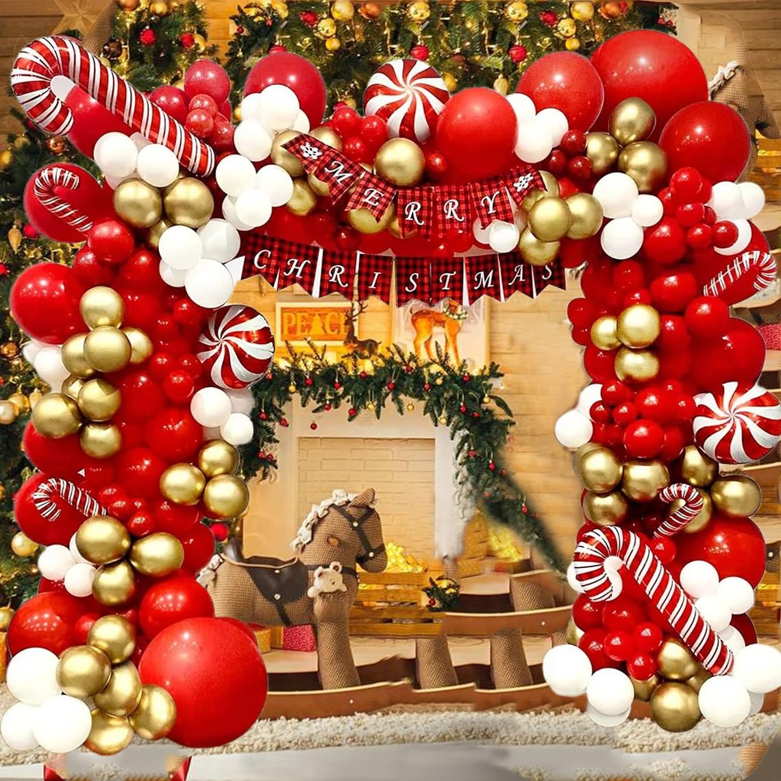 Merry Christmas Balloon Arch Garland Kit Red White Gold Balloons with Candy Cane Foil Balloons for Holiday Christmas Candy Themed Party Decorations