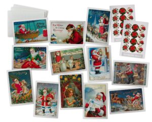 hill valley greetings vintage santa christmas cards - 24 antique christmas cards & vintage sticker seals - 12 assorted retro santa claus illustration cards printed on antique textured style cardstock