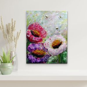 Bees and Flowers, Boho Whimsy Colorful Botanical Floral Oil Painting, BEE FARM