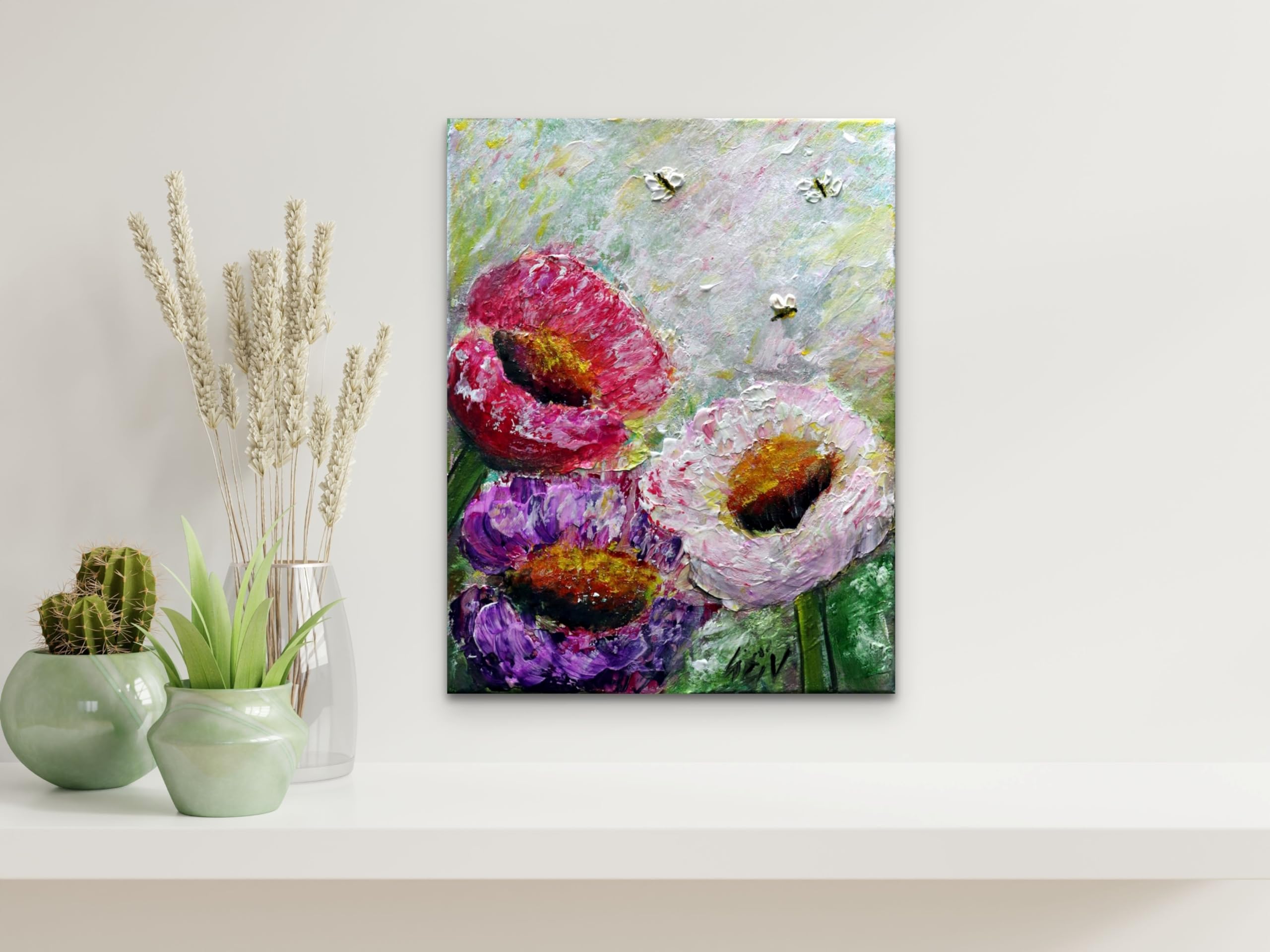 Bees and Flowers, Boho Whimsy Colorful Botanical Floral Oil Painting, BEE FARM